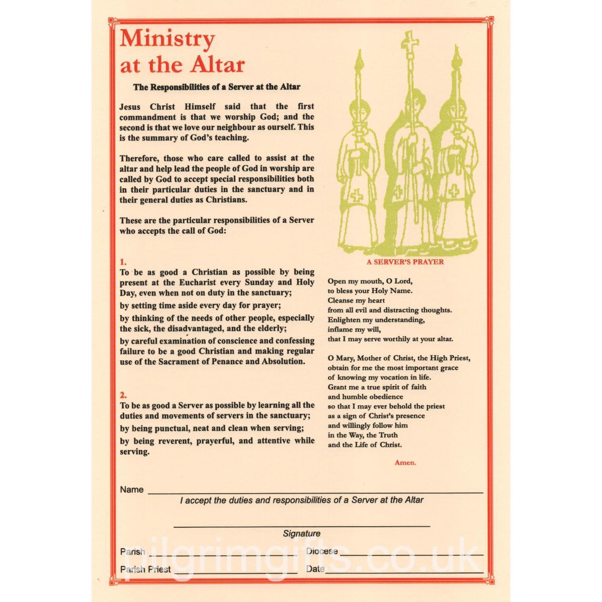 Altar Servers, Ministry At The Altar Certificate, Pack of 5 Quality ...