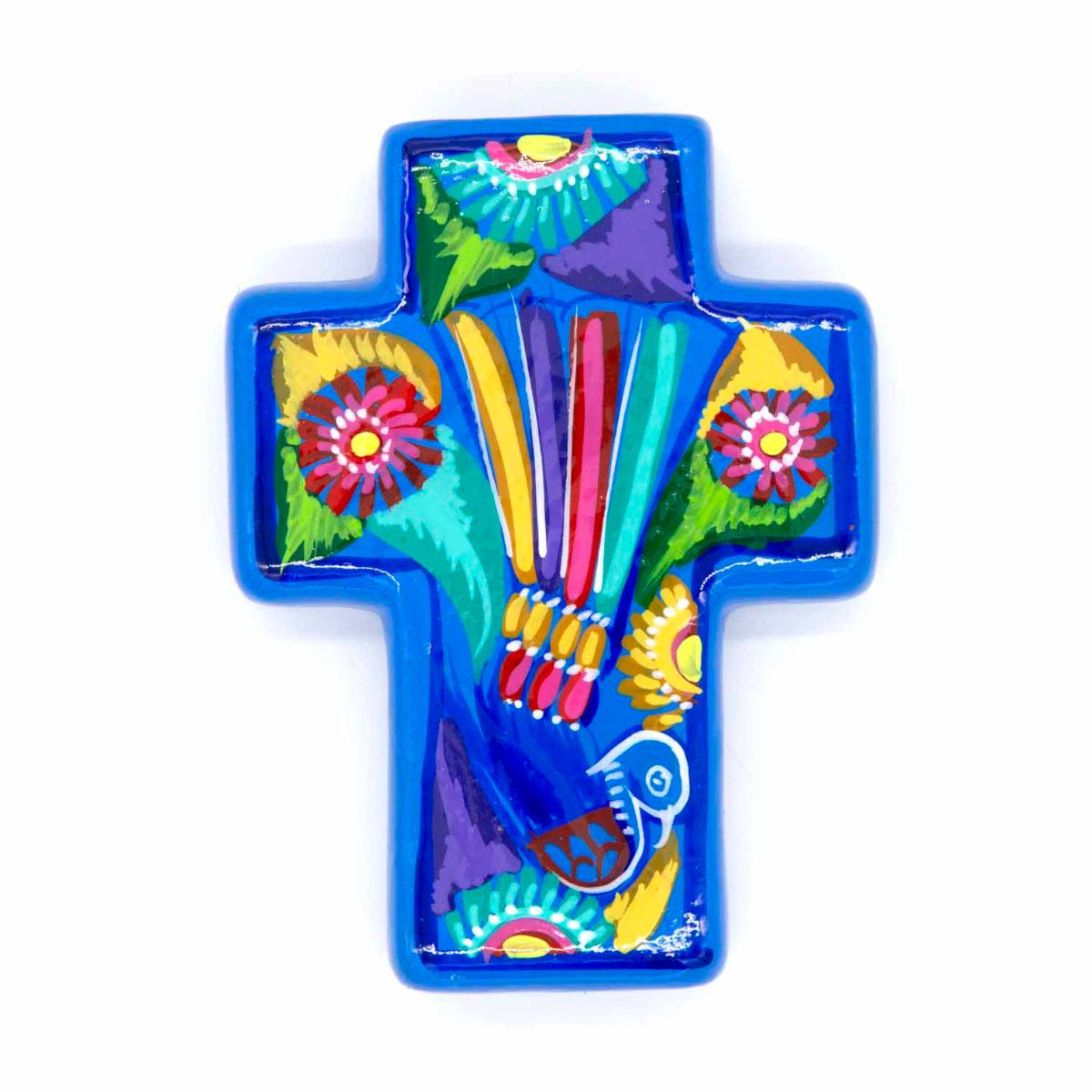 Hand Painted Ceramic Cross - Blue Bird Design, Handmade In Mexico 14cm ...