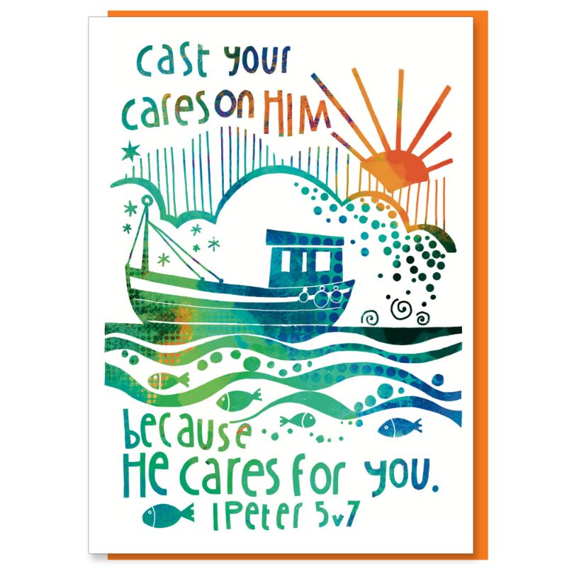 Cast Your Cares On Him Because He Cares For You, Greetings Card With ...