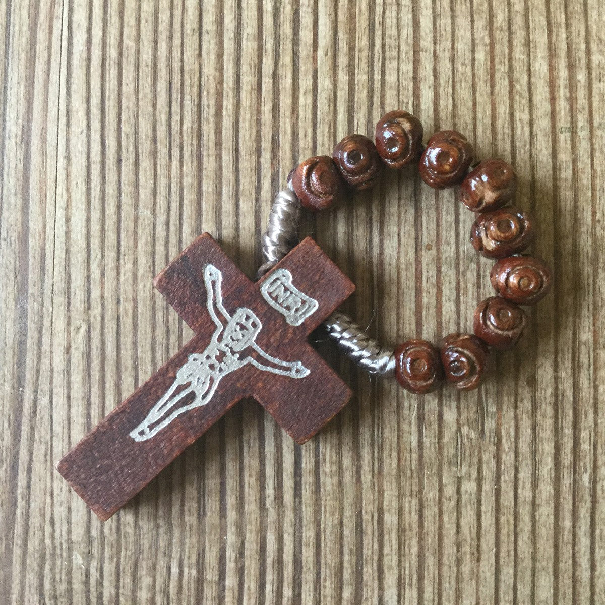 Wooden Finger Rosary Dark Wood With Rose Pattern Carved Beads | Pilgrim ...